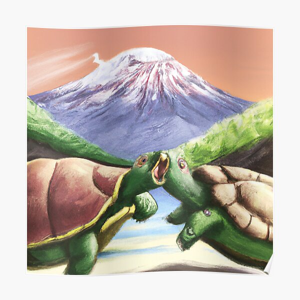 "Fighting Turtles and Mount Fuji" Poster for Sale by PapaRabbit | Redbubble
