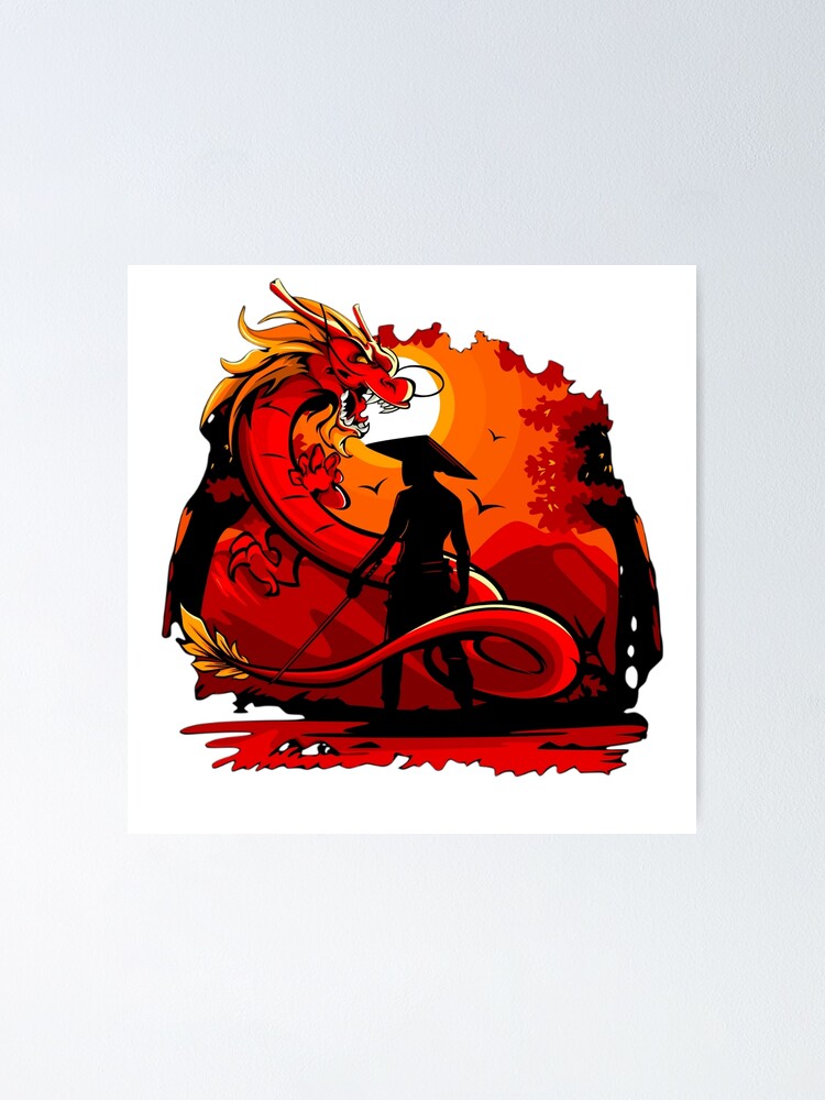 "Shadow samurai fighting dragon." Poster for Sale by Art-Vibrations ...