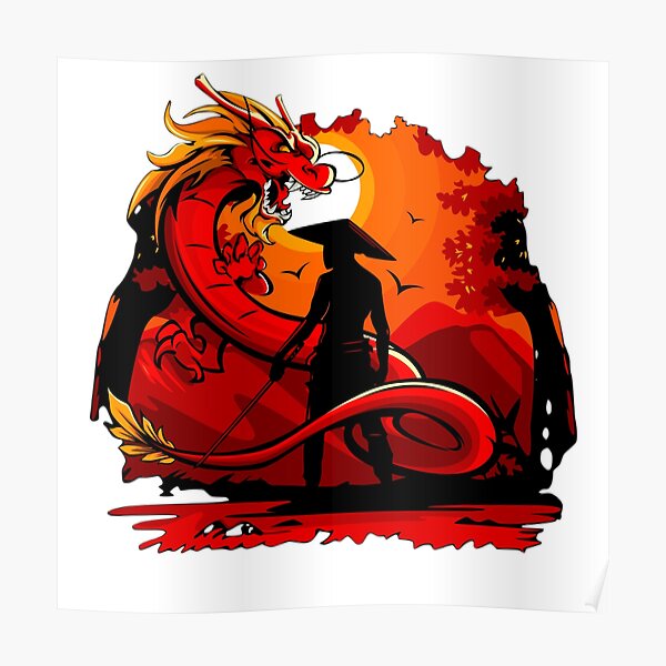 "Shadow samurai fighting dragon." Poster for Sale by Art-Vibrations ...