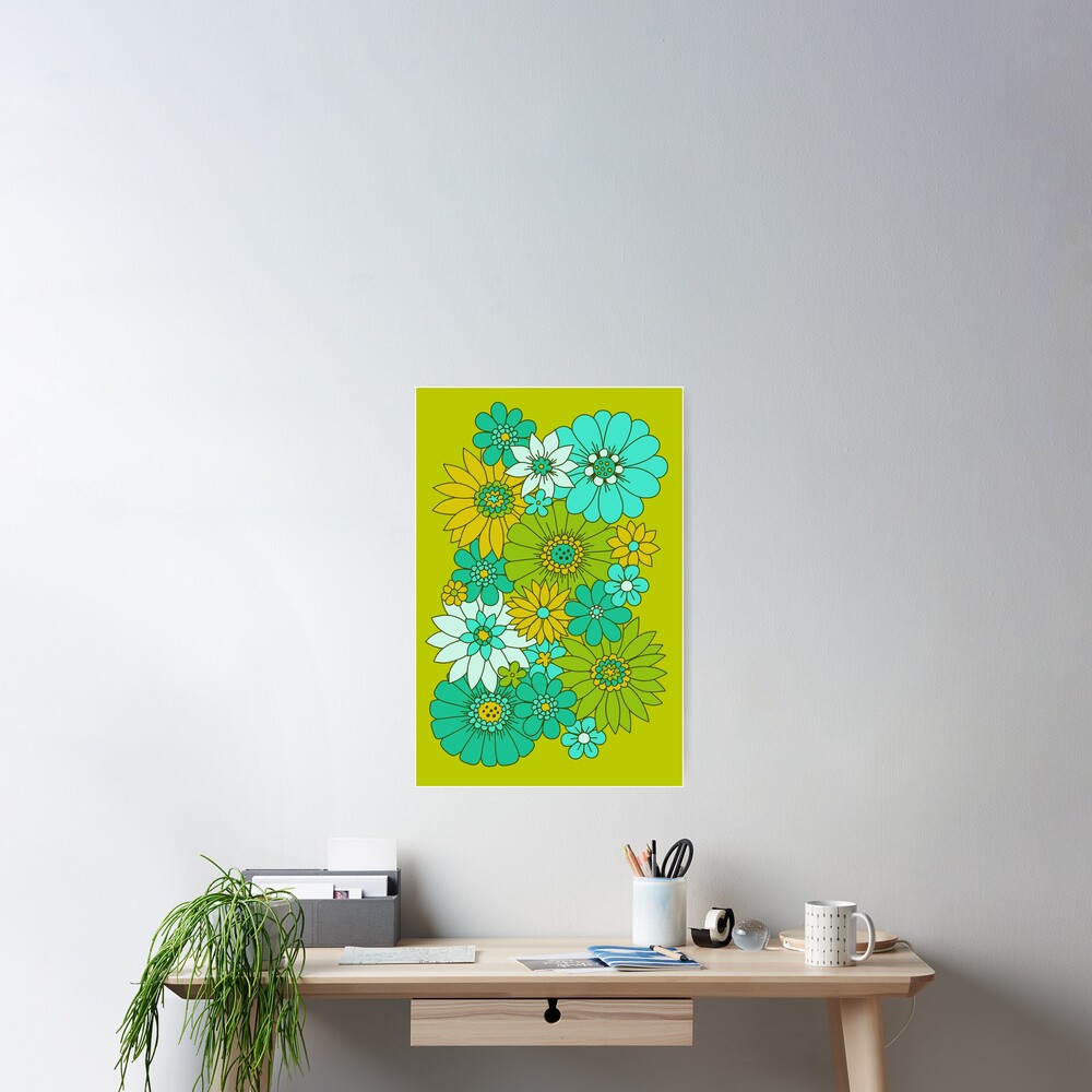 "Retro Daisy Floral - Lime" Poster for Sale by latheandquill | Redbubble