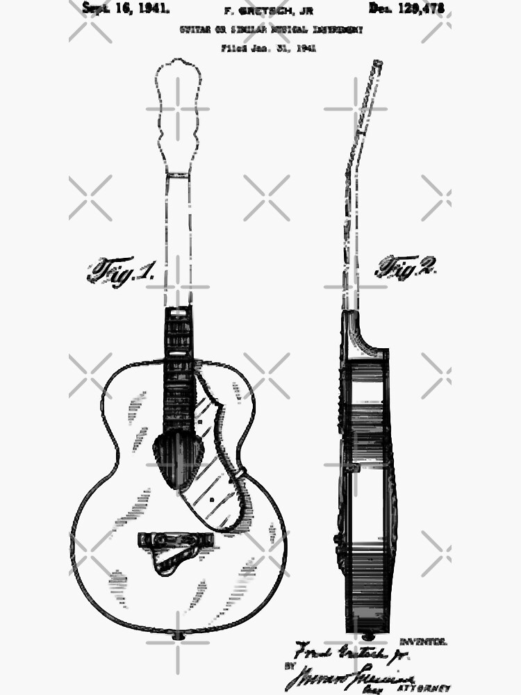 "Patent Drawing Old Acoustic Guitar 1941" Sticker for Sale by ...