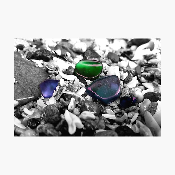 "Beach Glass Blue and Green on Black and White Pebbles and Seashells ...