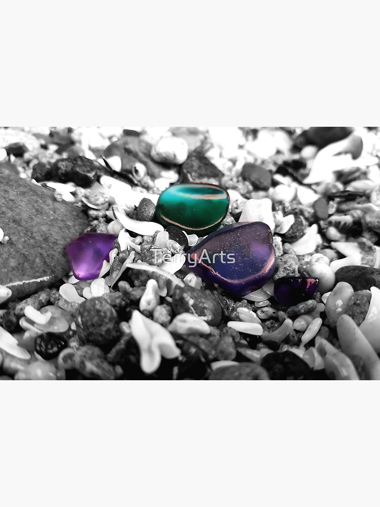 "Beach Glass Teal and Purple on Black and White Pebbles and Seashells ...