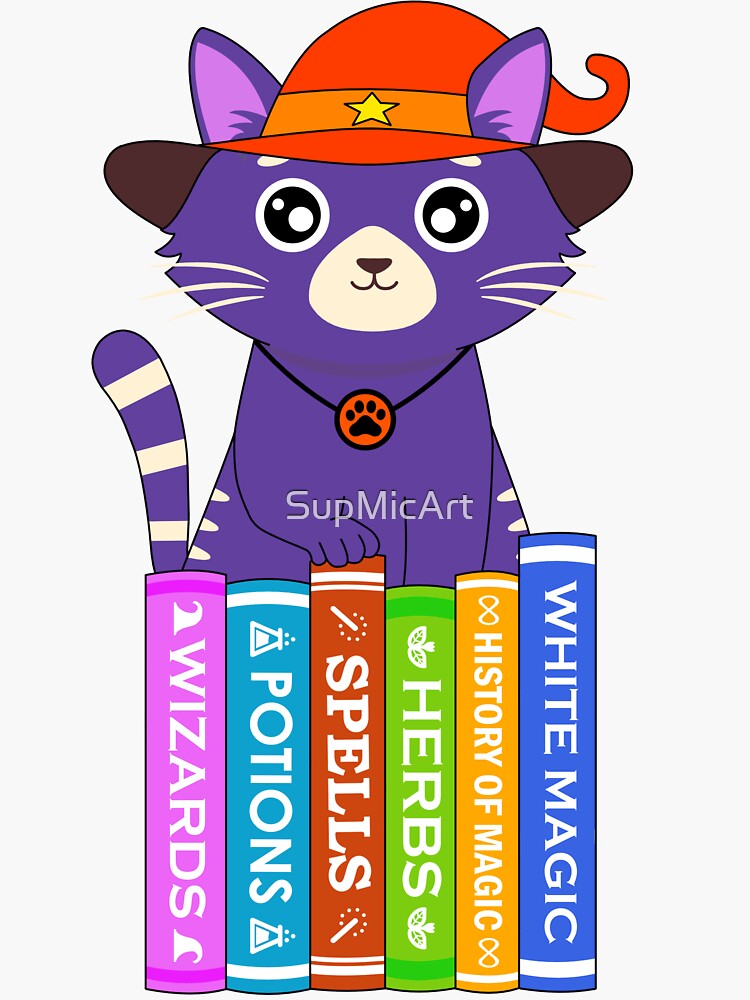 "Wizard Cat with books Read Cute Kawaii Cat illustration" Sticker for ...
