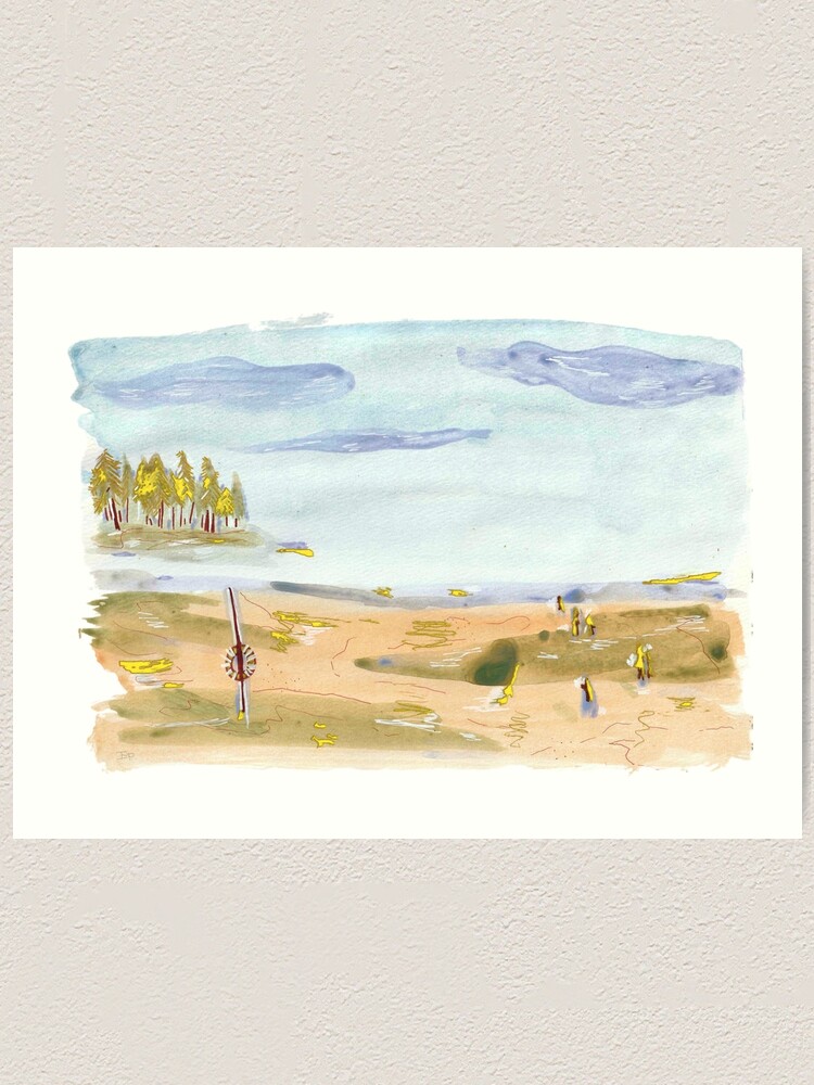 "Family on the beach strand at Bjorno Sweden - tan, blue and gold" Art ...
