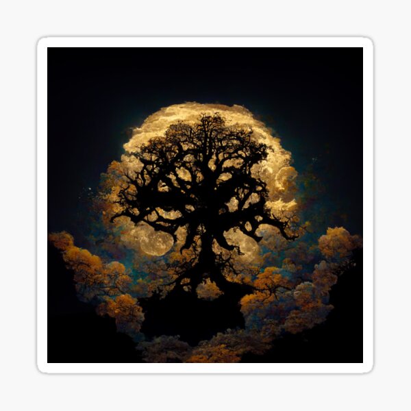 "Large old oak tree at night surrounded by glowing magic mushrooms on ...