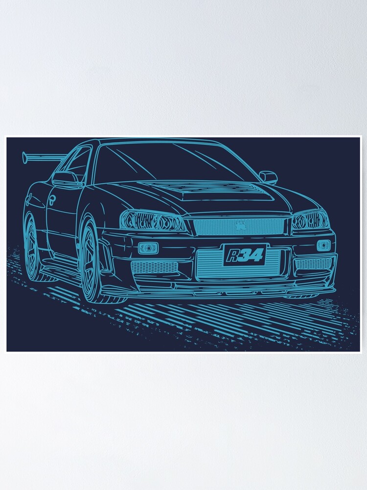 "Nissan Skyline GTR R34 Lineart Blueprint" Poster for Sale by ...