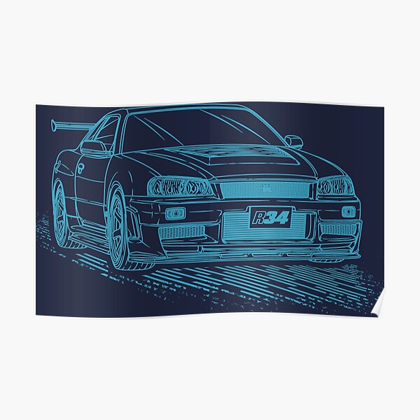 "Nissan Skyline GTR R34 Lineart Blueprint" Poster for Sale by ...