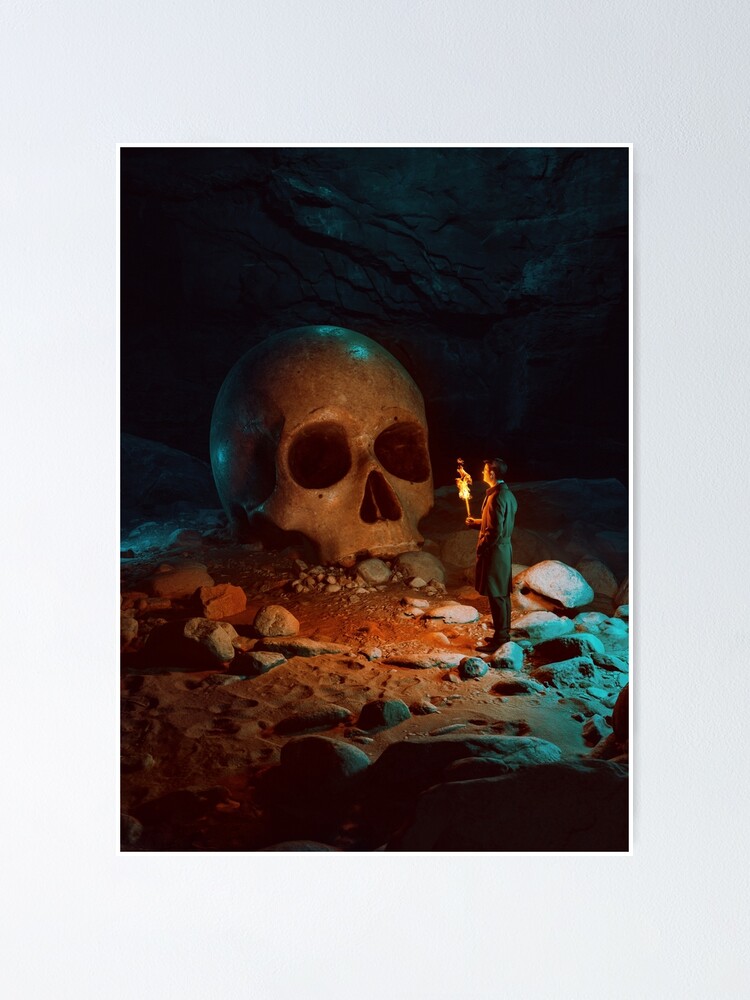 "Adventurer finds a giant human skull in a cave" Poster for Sale by ...