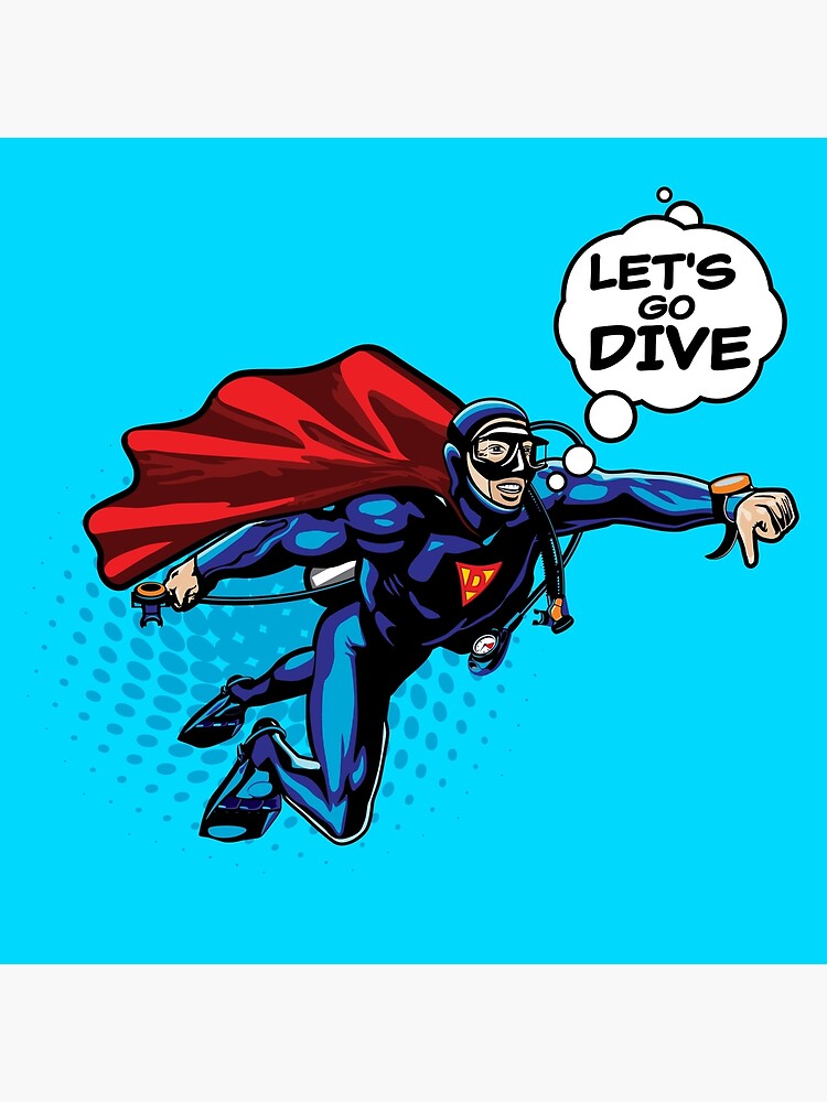 Póster «Super Diver en estilo cómic mostrando la señal ¡Vamos a bucear ...