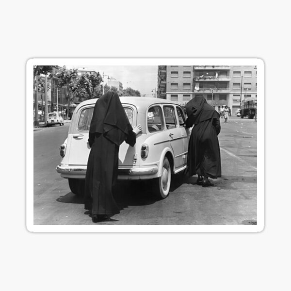 "Nun Pushing Car" Sticker for Sale by guilbelopez | Redbubble