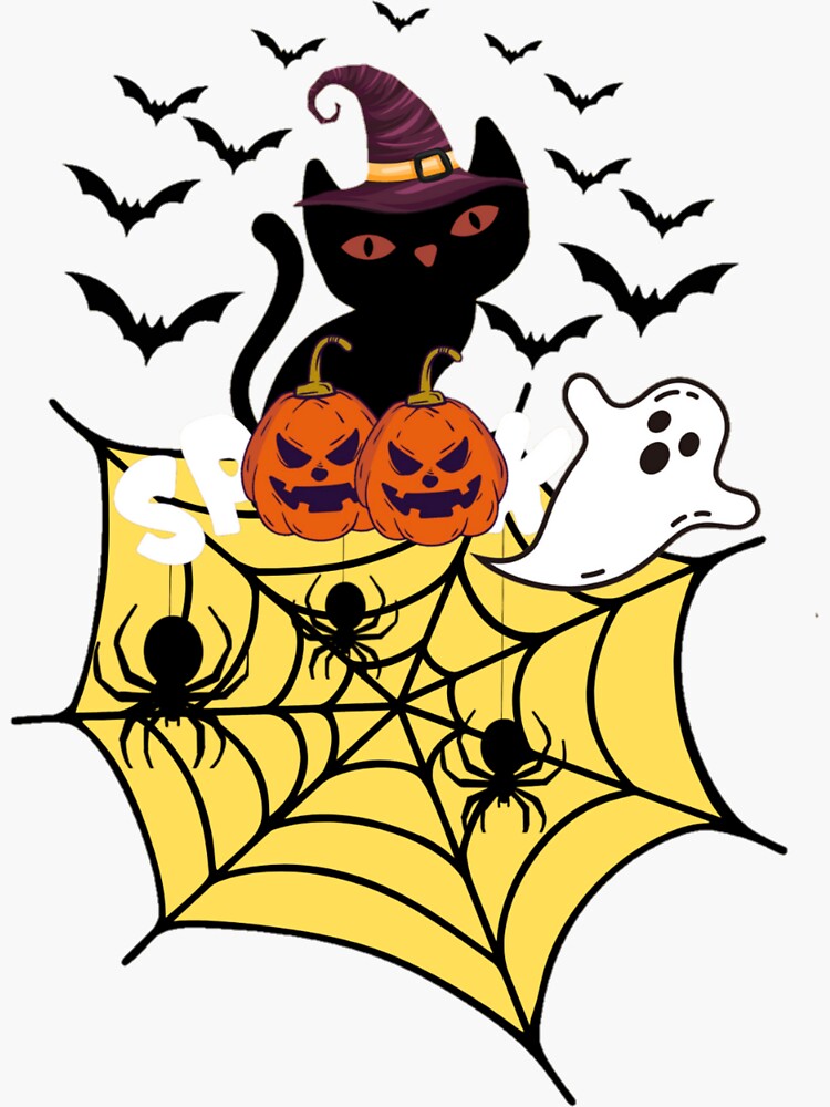 "Spooky black cat halloween scary ghost spiders pumpkin" Sticker for ...