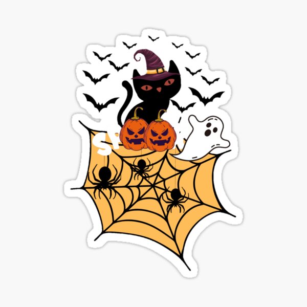 "Spooky black cat halloween scary ghost spiders pumpkin" Sticker for ...