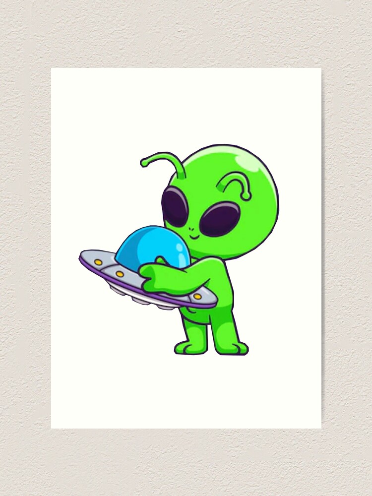 "Cute alien hugging a UFO cartoon." Art Print for Sale by ...