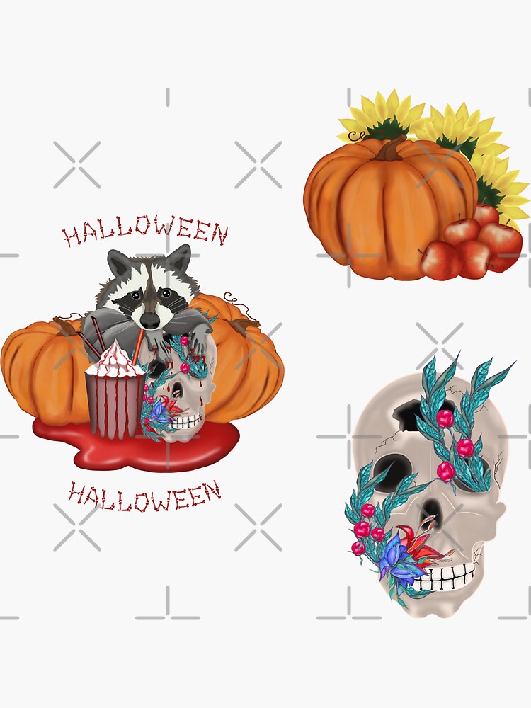 Pegatina «Mapache de Halloween con calavera y calabazas en el charco de ...