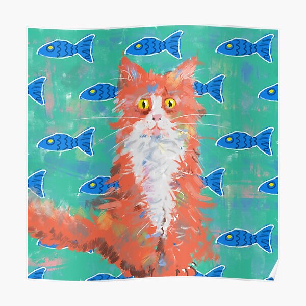 "Orange Cat and Blue Fish | Artwork Oil Painting Digital Art" Poster ...