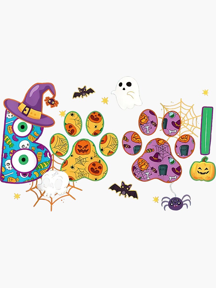 "Dog Halloween Boo Paw Print With Spiders Pumpkin Witch Ghost" Sticker ...