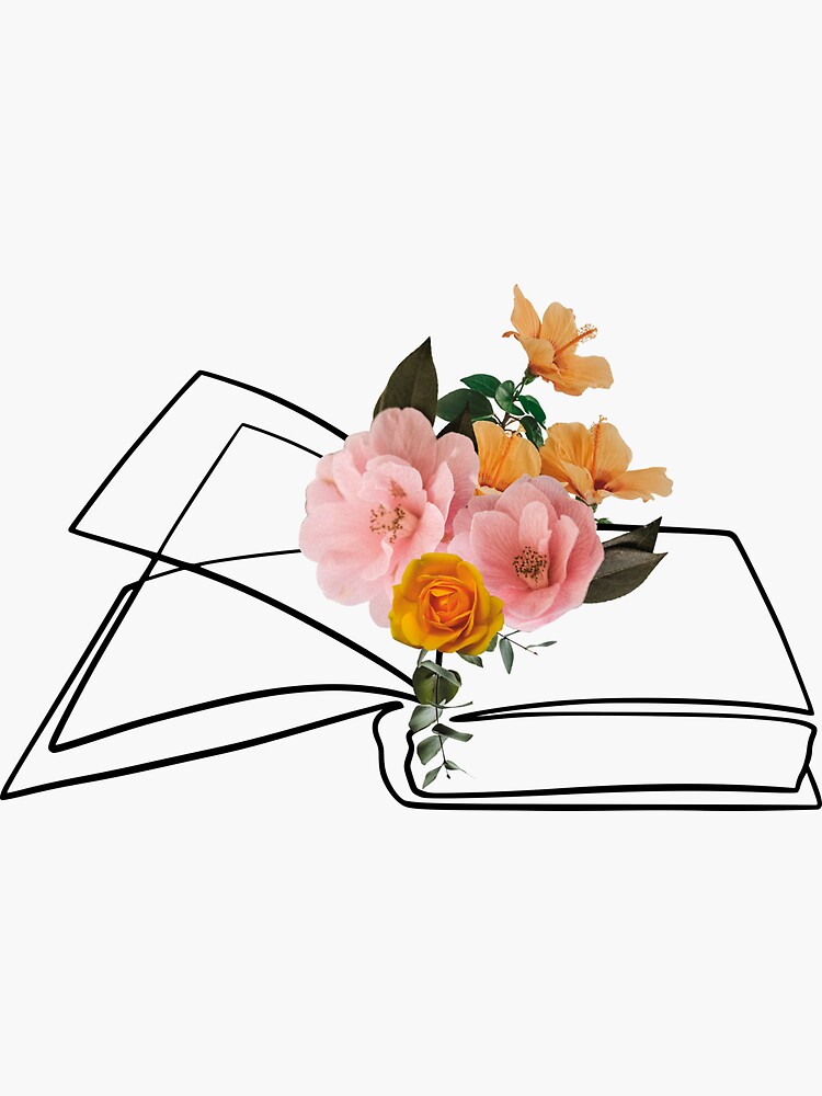 "Flowery book. One line art book with collage flowers." Sticker for ...