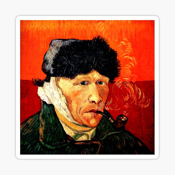 Pegatina «Autorretrato con oreja vendada y pipa de Vincent van Gogh ...