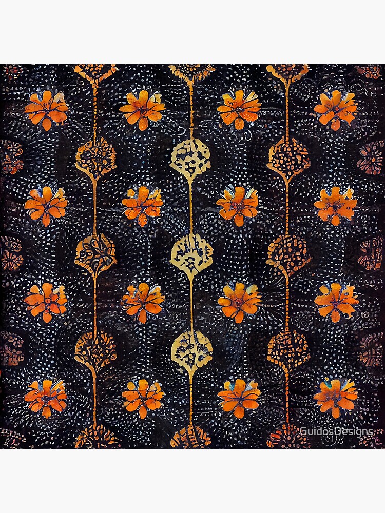 "Batik flowers in orange and yellow, on a dark background" Sticker for ...