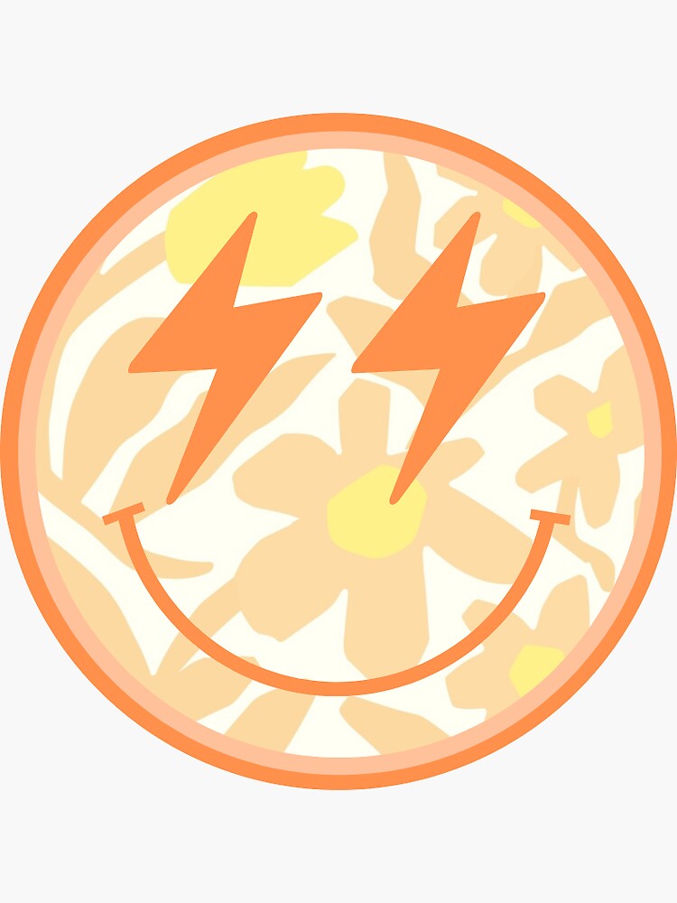 "Preppy Lightning Bolt Smiley Face - Orange Yellow Flowers" Sticker for ...