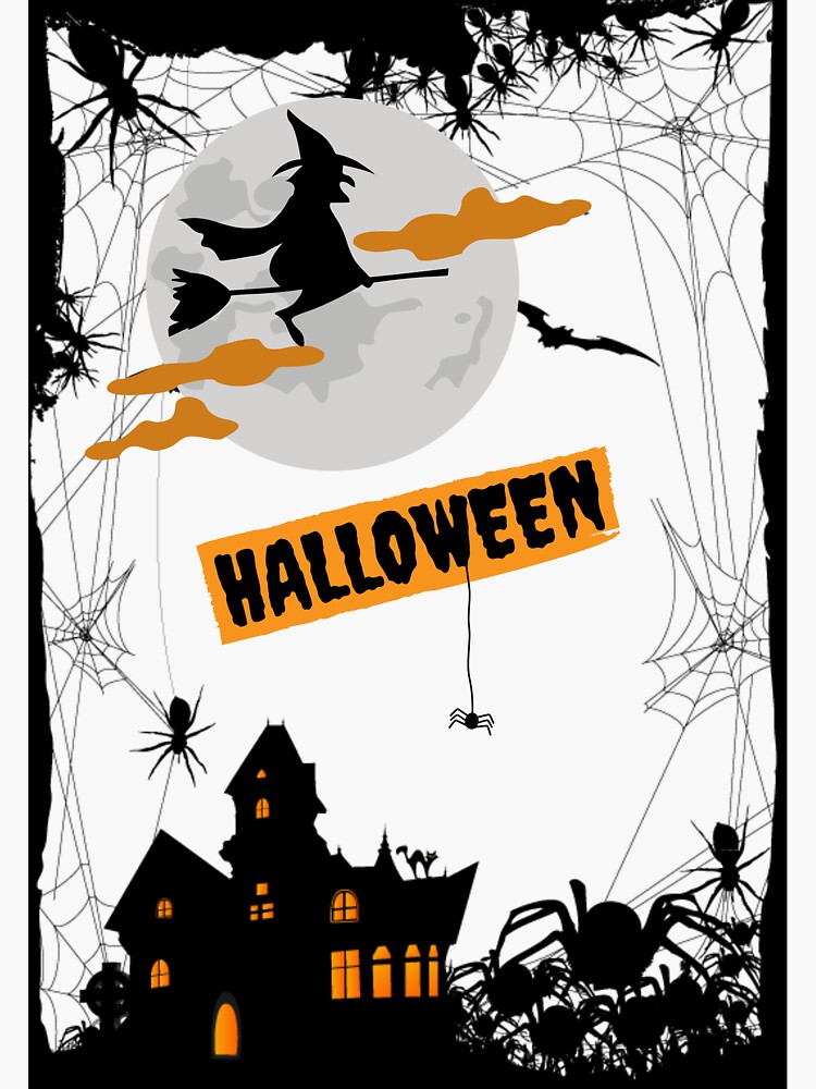 "Witch and spiders celebrating Halloween in haunted house" Sticker for ...