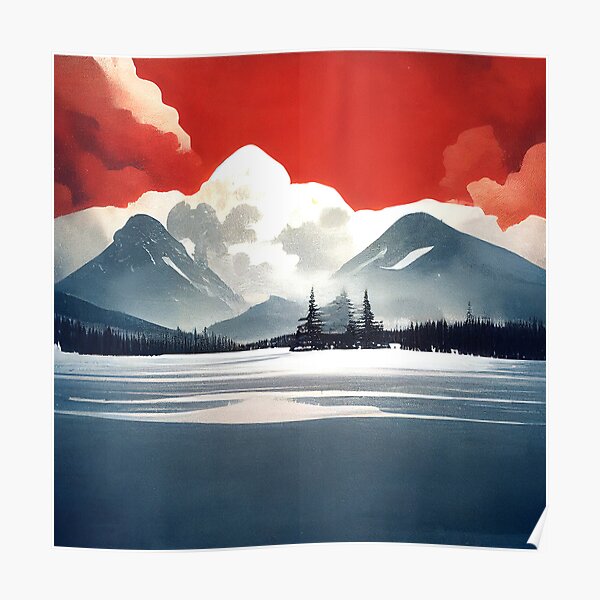 "Pop Art Mountain Landscape, Snow Covered Peaks with a Red Sky" Poster ...