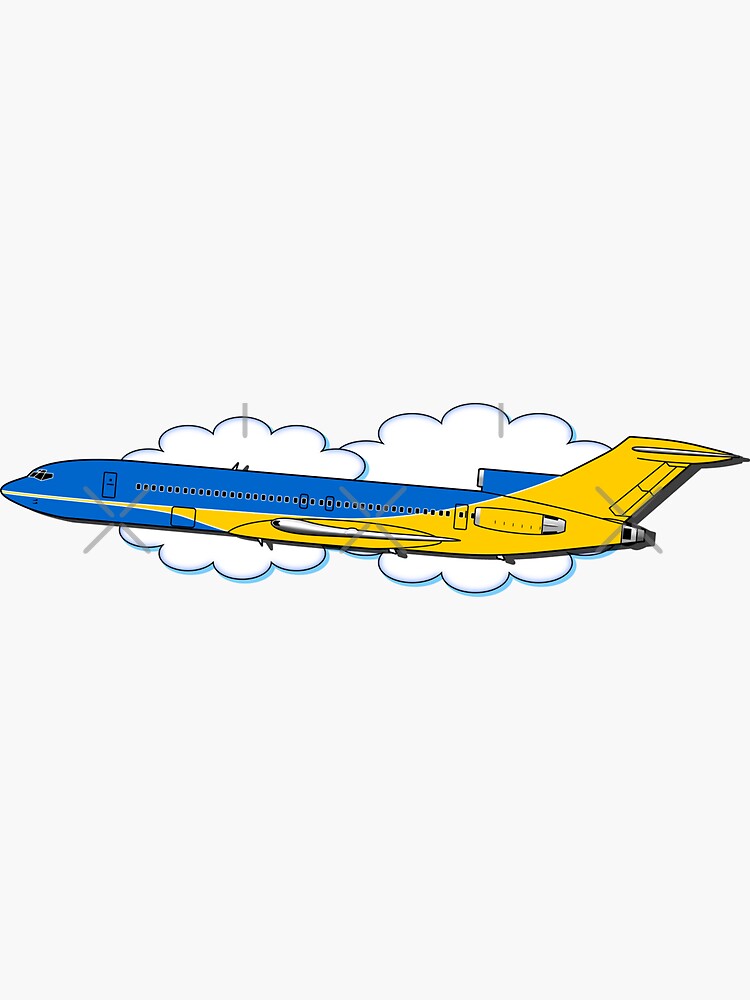 "Blue and Yellow Boeing 727 Flying Through The Clouds" Sticker for Sale ...