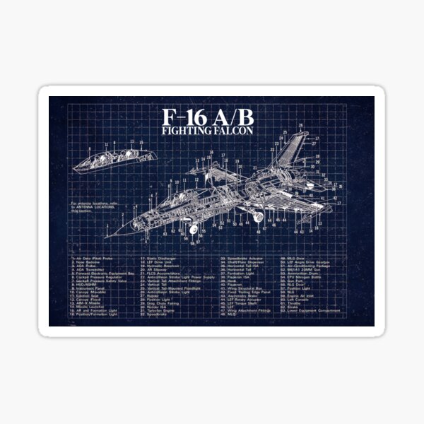 "Blueprint of "F-16 Fighting Falcon" - blue" Sticker for Sale by ...