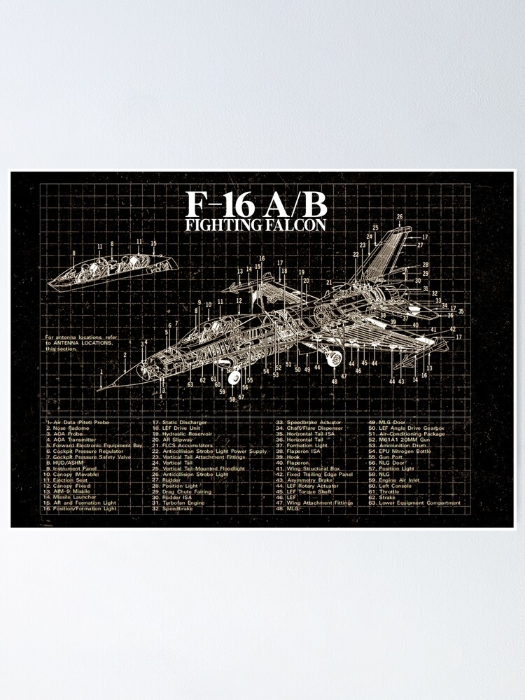 "Blueprint of "F-16 Fighting Falcon" - black" Poster for Sale by ...