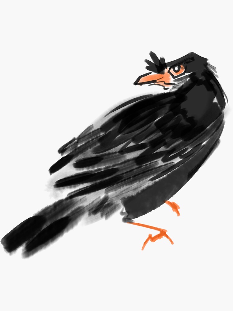 "Chinese beautiful crow looking back digital ink art design" Sticker ...