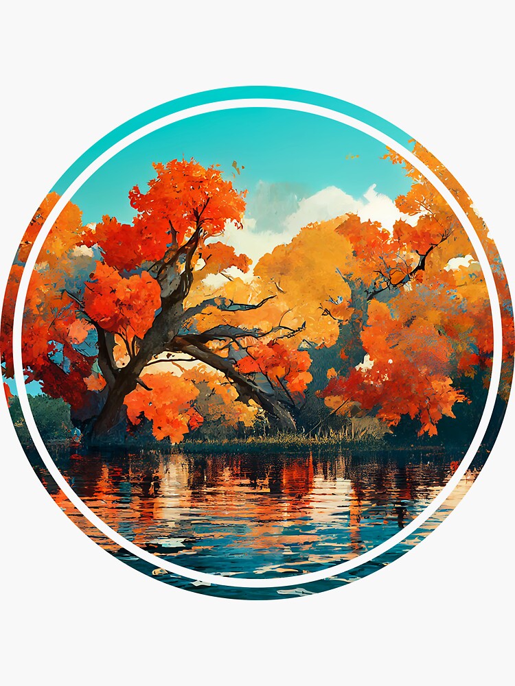 "Fall Circle Design || Cute Autumn Landscape by the Lake" Sticker for ...