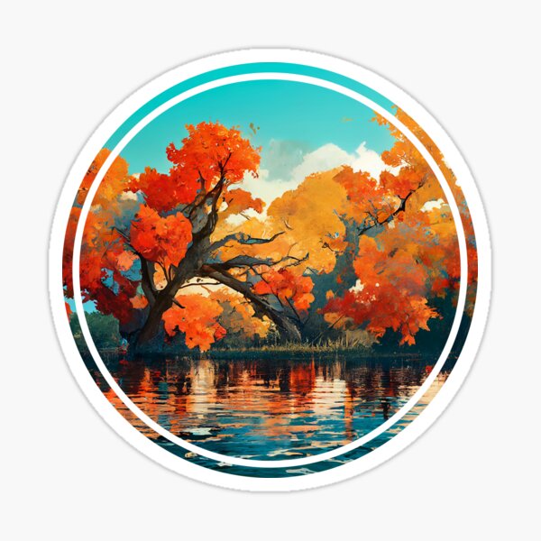 "Fall Circle Design || Cute Autumn Landscape by the Lake" Sticker for ...