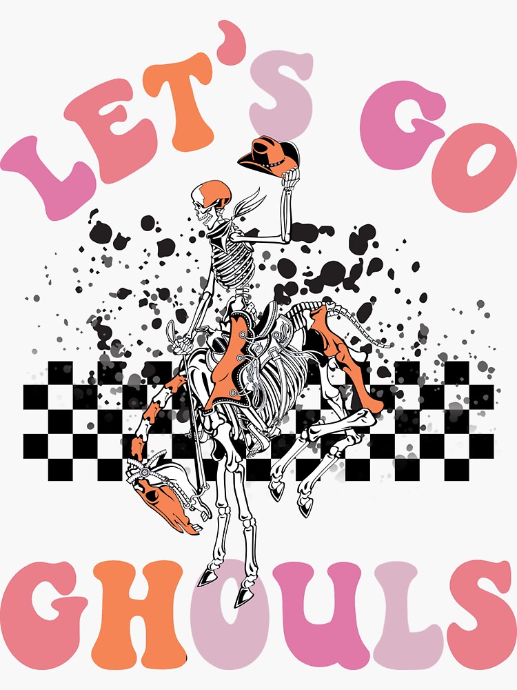 "Retro Western Let's Go Ghouls Halloween Skeleton Costumes" Sticker for ...