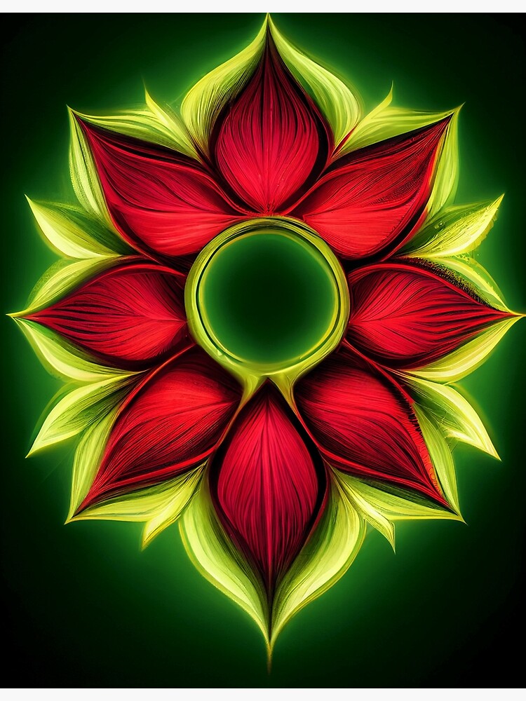 Póster «Mandala de flor roja, verde y amarilla que brilla intensamente ...
