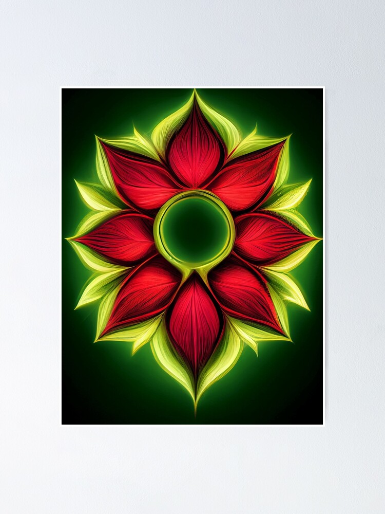 Póster «Mandala de flor roja, verde y amarilla que brilla intensamente ...