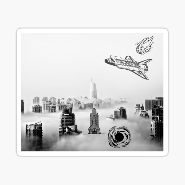 "rocket,space,black,airplane,skyscraper" Sticker for Sale by designchok ...