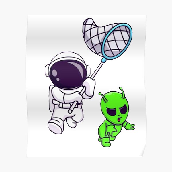 " Cute astronaut chasing a alien carrying a fish net cartoon Art ...