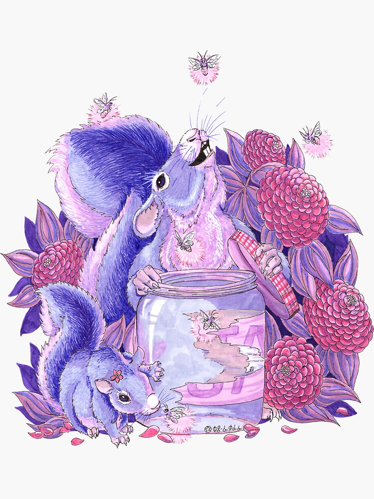 "Squirrel Family Enjoying Fireflies" Sticker for Sale by Weirdom ...