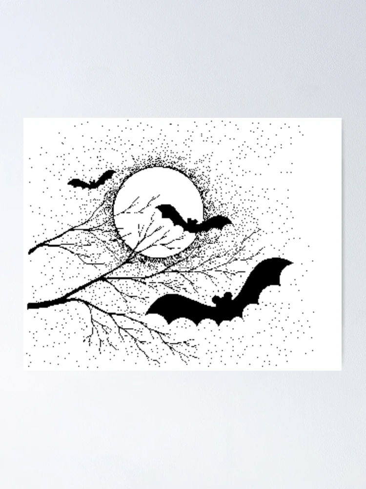 Bats And Moon Drawing Halloween Moon Bat Poster Drawing Wall Art