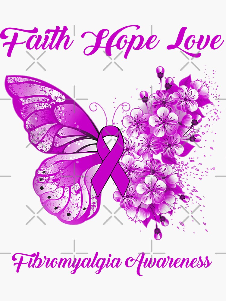 "Faith Hope Love Fibromyalgia Awareness Butterfly Ribbon Gifts" Sticker ...