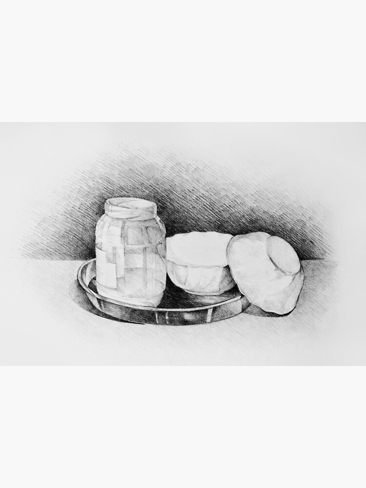 "Drawing illustration of still life with kitchen items: plates, jar and ...