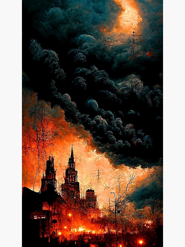 "dead city, hellscape firey sky, red moon, realistic lighting," Poster ...