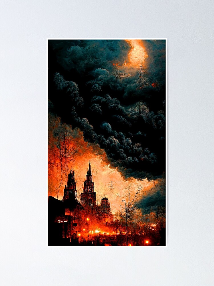 "dead city, hellscape firey sky, red moon, realistic lighting," Poster ...