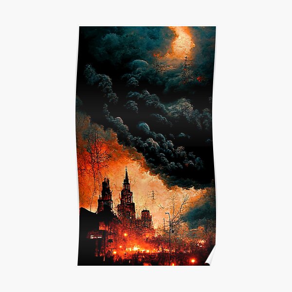 "dead city, hellscape firey sky, red moon, realistic lighting," Poster ...