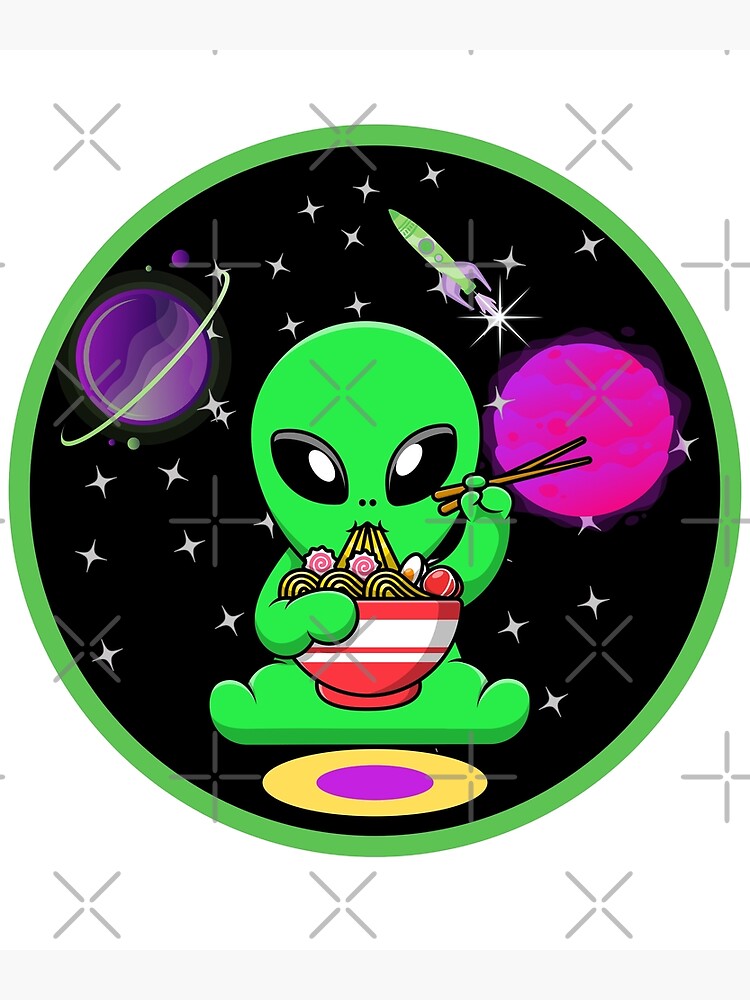 "Cute Alien Eating Ramen Noodles, with Rocket ship Stars and Purple ...