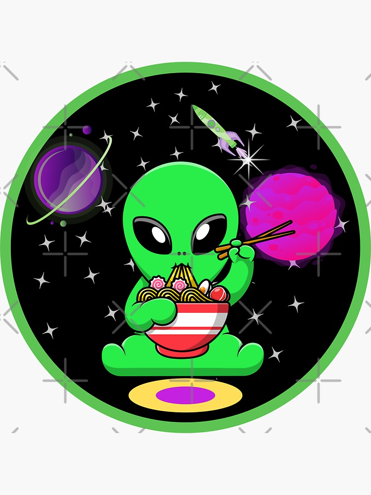 "Cute Alien Eating Ramen Noodles, with Rocket ship Stars and Purple ...