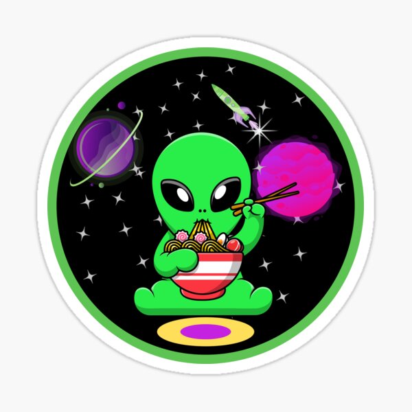 "Cute Alien Eating Ramen Noodles, with Rocket ship Stars and Purple ...