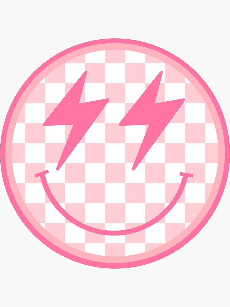"Preppy Lightning Bolt Smiley Face - Pink Checkered" Sticker for Sale ...