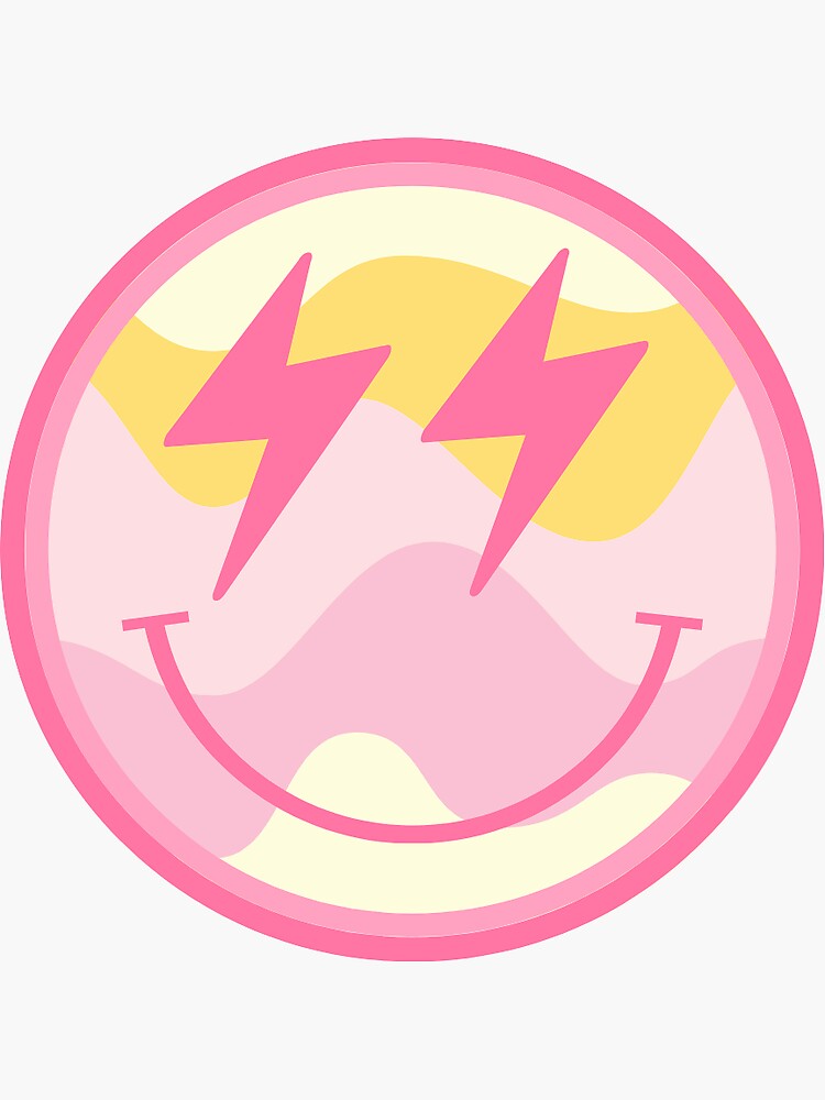 "Preppy Lightning Bolt Smiley Face - Pink and Yellow Wavy" Sticker for ...